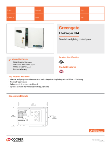COOPER Lighting LK4-120NO Greengate Stand Alone Lighting Control Panel Installation Guide | Manualzz