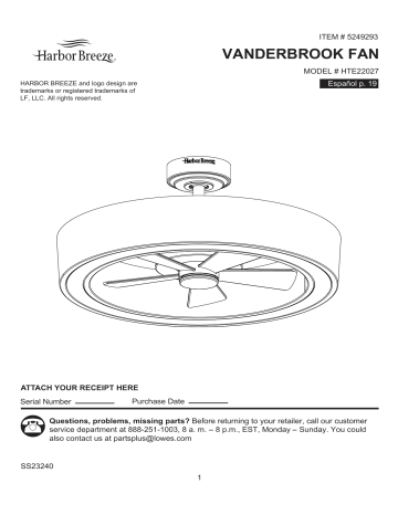 Harbor Breeze HTE22027 Vanderbrook Fan Owner’s Manual | Manualzz