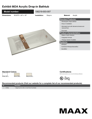 MAAX 106219-003-007 Exhibit 6634 Acrylic Drop In Bathtub Owner’s Manual | Manualzz