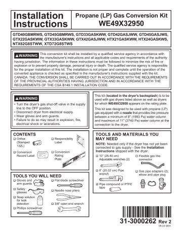 GE WE49X32950 Propane Gas Conversion Kit Installation Guide | Manualzz