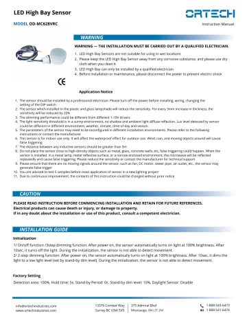 Ortech OD-MC628VRC LED High Bay Sensor Instruction manual | Manualzz