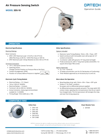 Ortech SDS-10 Air Pressure Sensing Switch Operation Guide | Manualzz