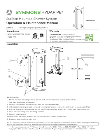 Symmons H921 Hydapipe Unit & Temptrol Valve Installation Guide | Manualzz
