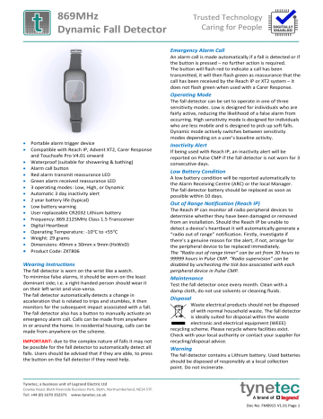 Tynetec ZXT806 Dynamic Fall detector User Guide | Manualzz