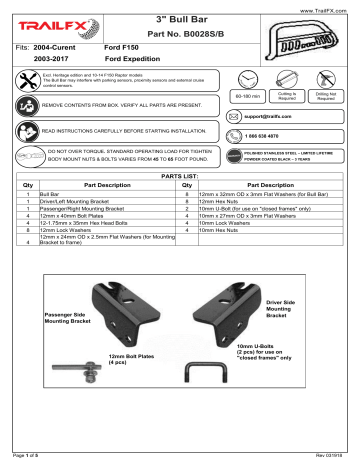 TrailFX B0028S Bull Bar Installation Instructions | Manualzz