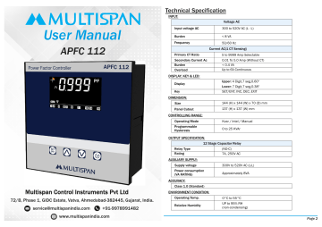 Multispan APFC-112 Automatic Power Factor Controller Owner's Manual | Manualzz