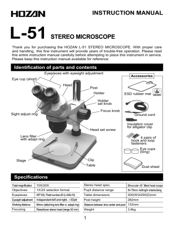 Hozan L-51 STEREO MICROSCOPE Owner's Manual | Manualzz
