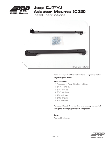PRP Seats Seat Adapter Brackets Installation Instructions | Manualzz