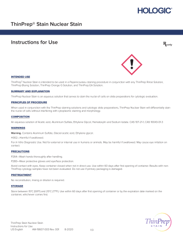 Hologic ThinPrep Stain Nuclear Stain Instructions for use | Manualzz