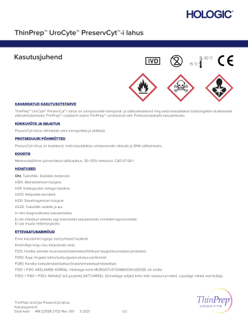 Hologic ThinPrep UroCyte PreservCyt Solution Kasutusjuhend | Manualzz