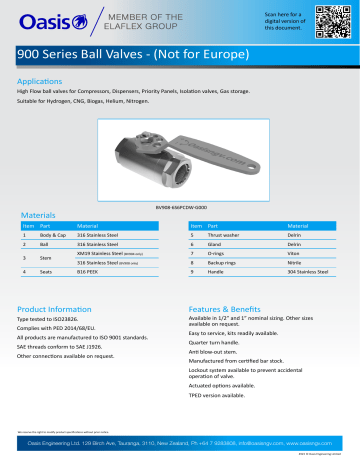Oasis 900 Series Ball Valves - Not for Europe Instruction Manual | Manualzz