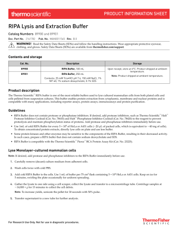 Thermo Fisher Scientific RIPA Lysis and Extraction Buffer User Guide | Manualzz