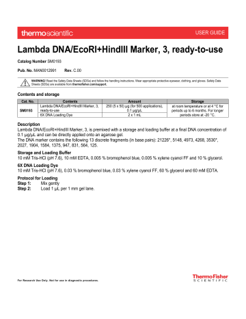 Thermo Fisher Scientific Lambda DNA EcoRI+HindIII Marker, 3 User Guide ...