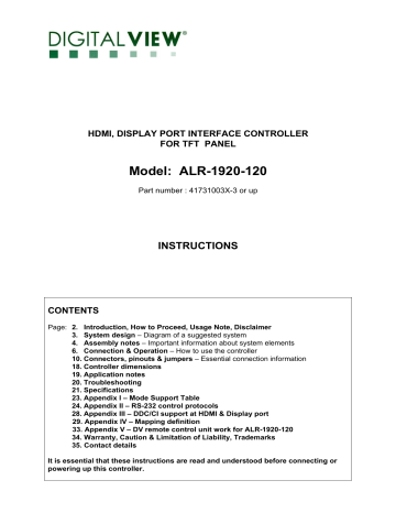 Digital View ALR-1920-120 LCD Controller Owner's Manual | Manualzz