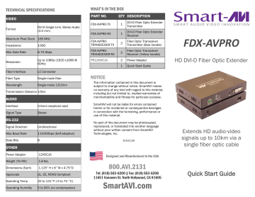 Smart-AVI FDX-AVPRO 1080p HD, DVI-D Fiber Optic Extender Quick Start ...