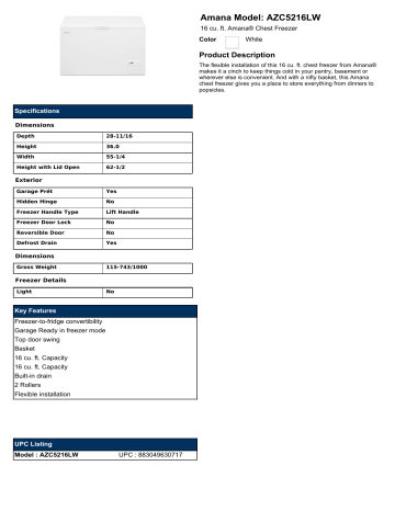 Amana Chest Freezer AZC5216LW product details | Manualzz