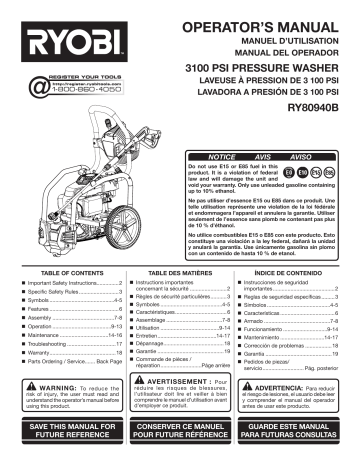 Ryobi RY80940B Operator's Manual - 3100 PSI Pressure Washer | Manualzz