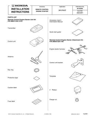 Honda 08E91-E22-101A Remote Control Engine Starter - Installation ...
