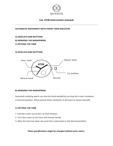 MIYOTA 6T28 Automatic Movement Instruction Manual | Manualzz