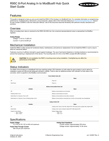 Banner R95C-8UI-MQ 8-Port Analog In to ModBus Hub Quick Start Guide ...