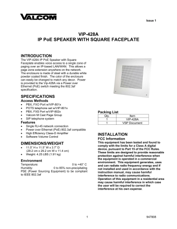 Valcom VIP-428A IP PoE Speaker Installation Manual | Manualzz