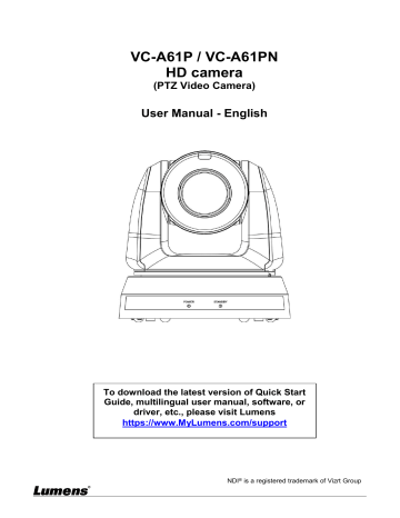 Lumens VC-A61P, VC-A61PN User Manual - HD PTZ Camera | Manualzz