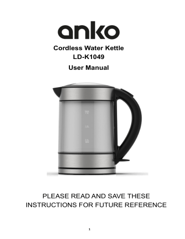 ANKO LD-K1049 Cordless Water Kettle User Manual | Manualzz