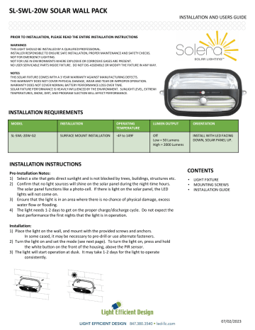 Solera SL-SWL-20W-G2 Wall Light Installation Guide | Manualzz