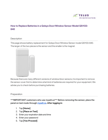Telus QS1133-840 Door Window Sensor Instructions | Manualzz