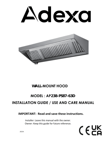 Adexa AP238-PS87-63D Wall Mount Hood Installation Guide | Manualzz