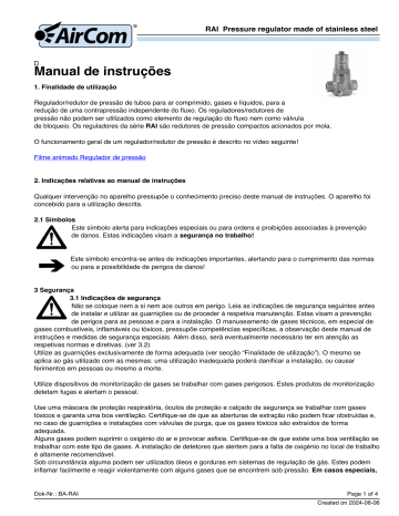 Manual do Proprietário AirCom RAI-08C - Regulação de Pressão | Manualzz