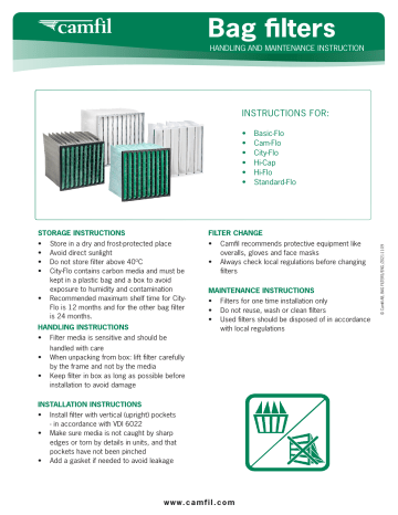 Camfil HI-FLO Series Glass Fibre Bag Instruction Manual | Manualzz