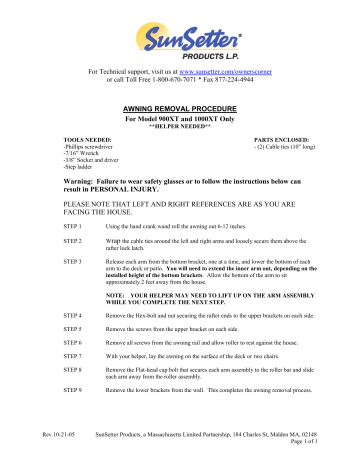 SunSetter XT Removal Instructions - Download Manual | Manualzz