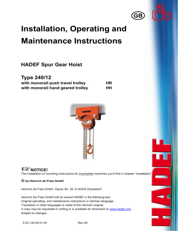 HADEF 240/12 Manual chain hoist Owner's Manual | Manualzz